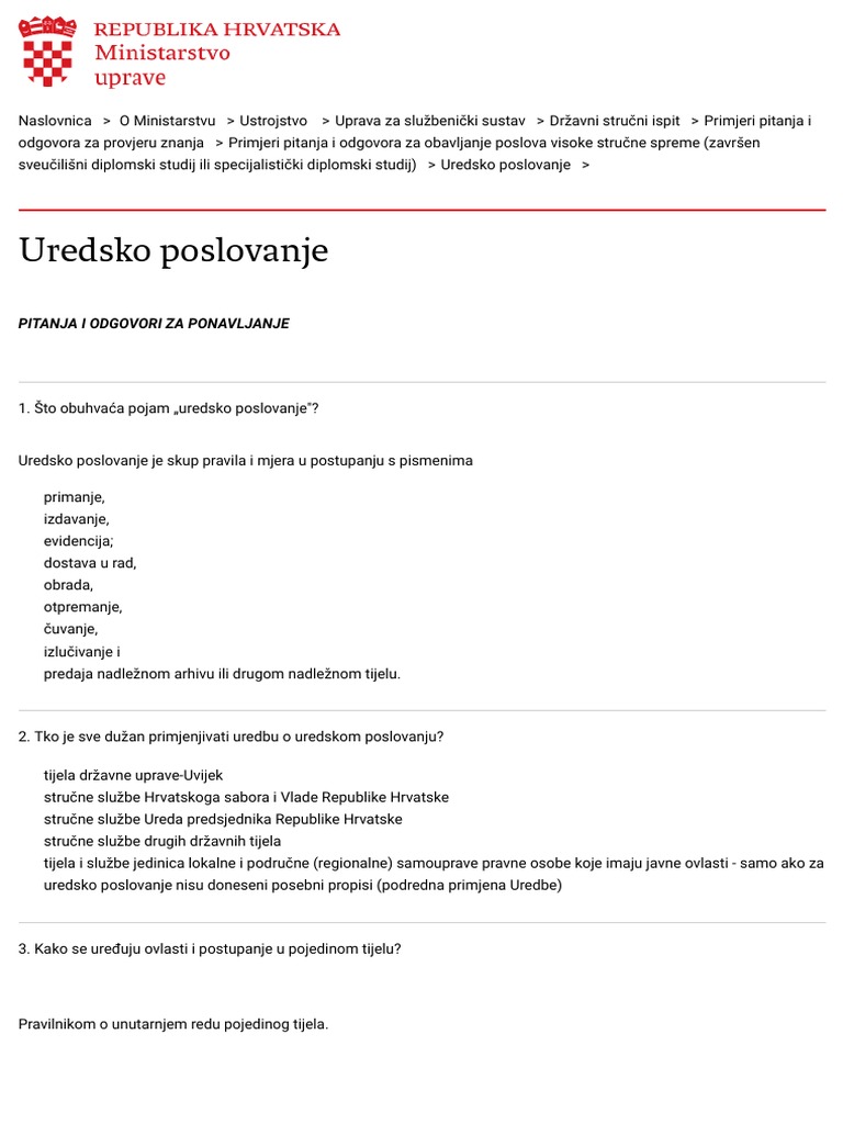 Ministarstvo Uprave Republike Hrvatske - Uredsko Poslovanje PDF | PDF