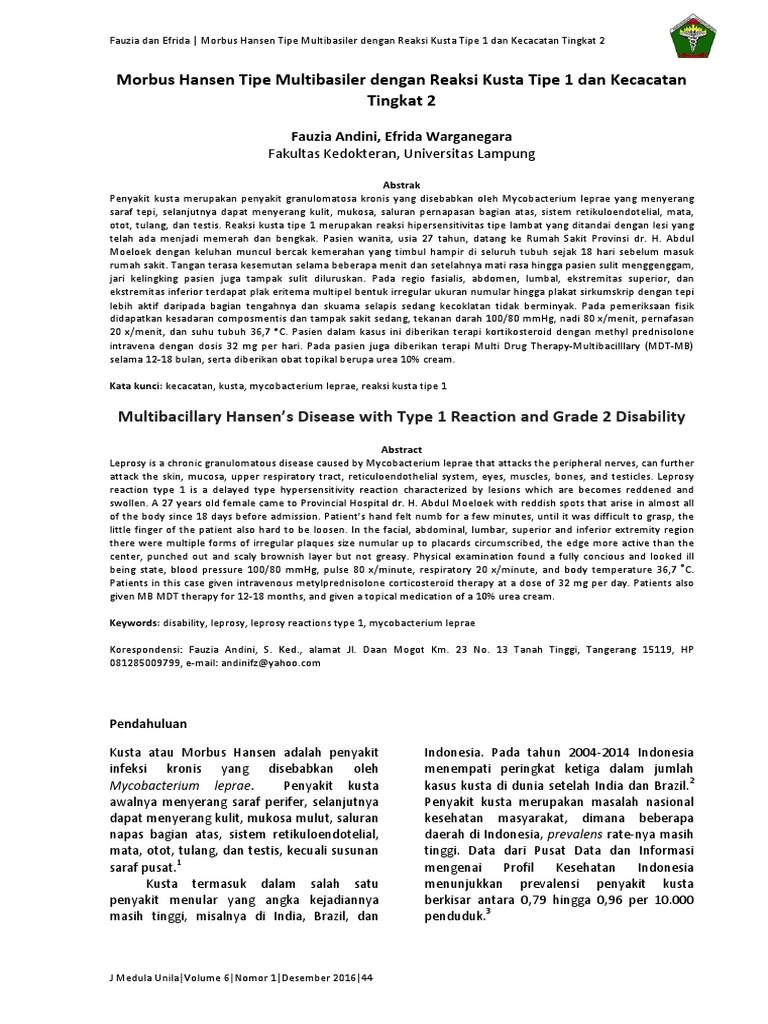 Fauzia Dan Efrida - Morbus Hansen Tipe Multibasiler Dengan Reaksi Kusta Tipe 1 Dan Kecacatan ...