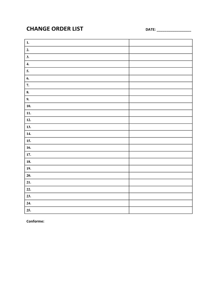 Change Order List: DATE | PDF