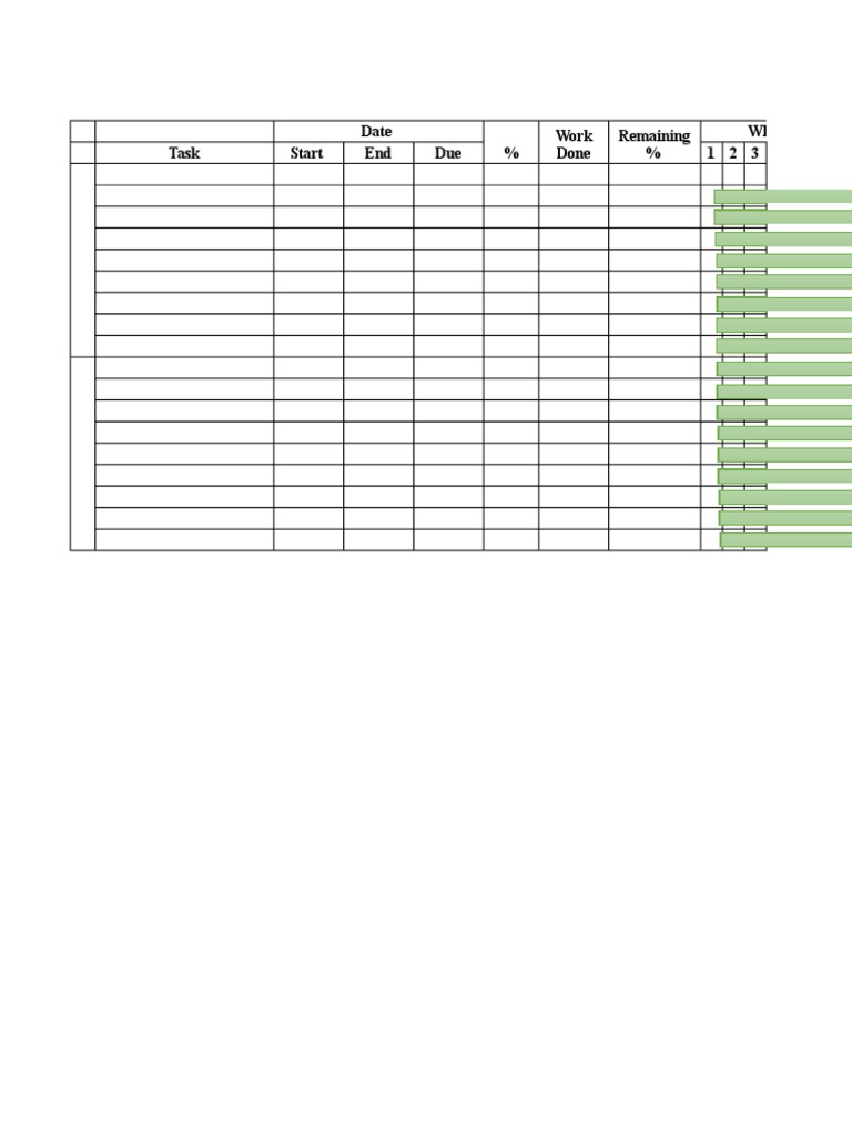 Date % Week 1 Task Start End Due 1 2 3 Work Done Remaining % | PDF