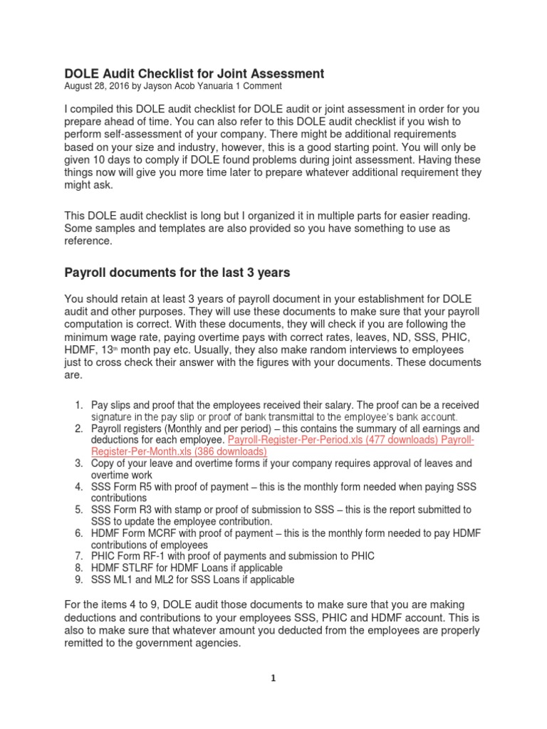 DOLE Audit Checklist Guide | PDF | Unemployment Benefits | Payroll