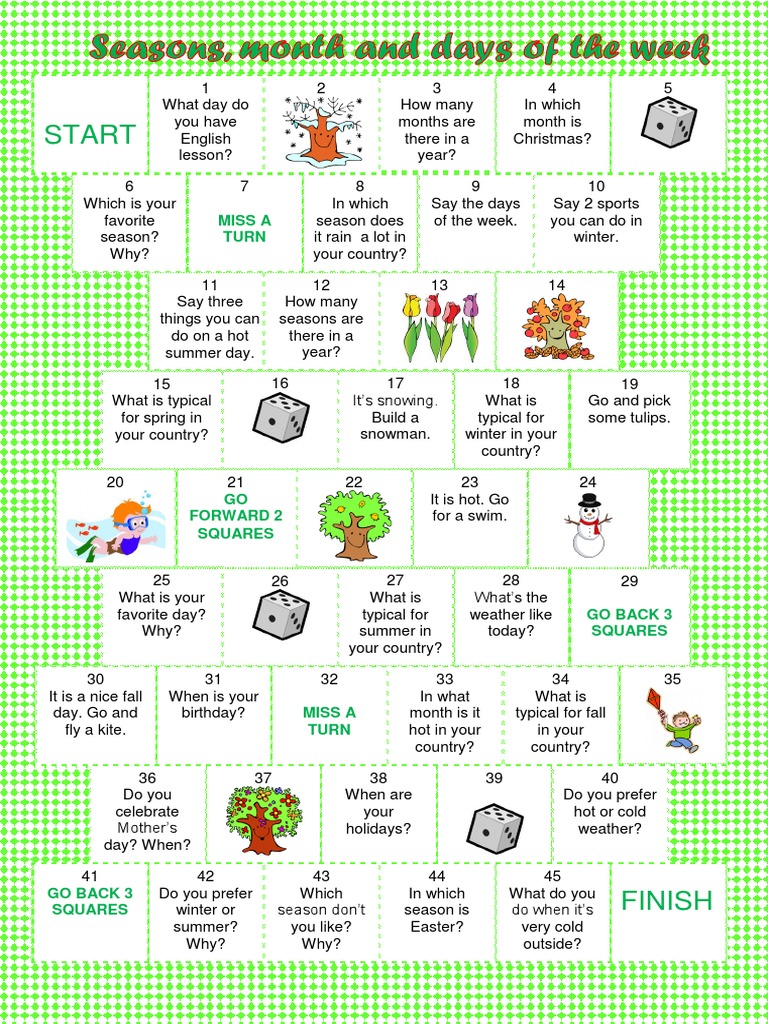 Board Game Month Seasons Days of The Week Activities Promoting ...