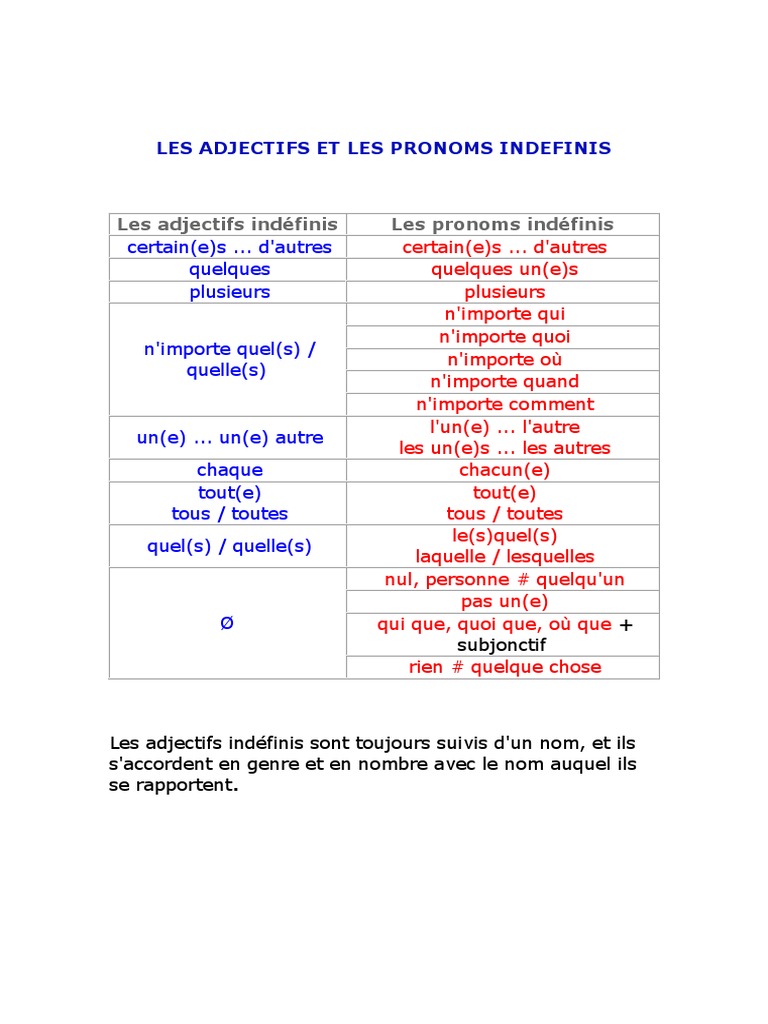 Les Adjectifs Et Les Pronoms Indefinis | PDF