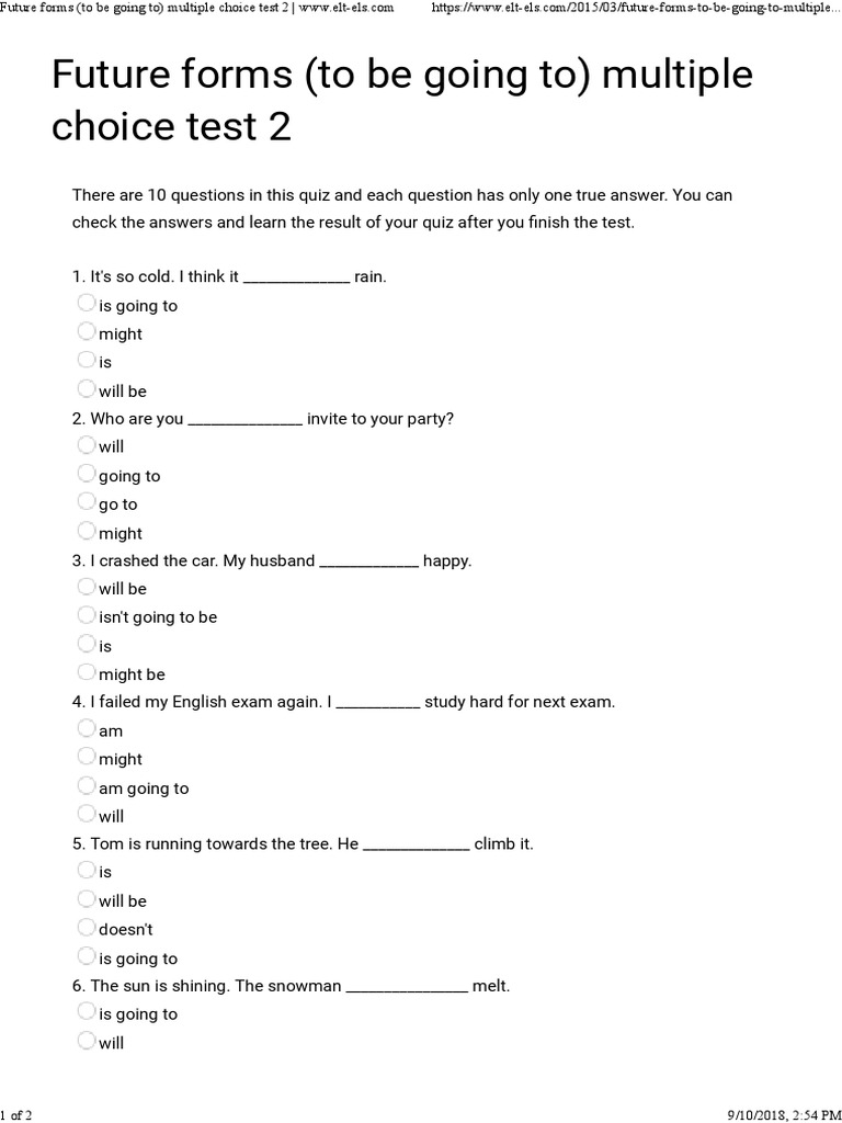 Future Forms (To Be Going To) Multiple Choice Test 2 | PDF | Multiple ...