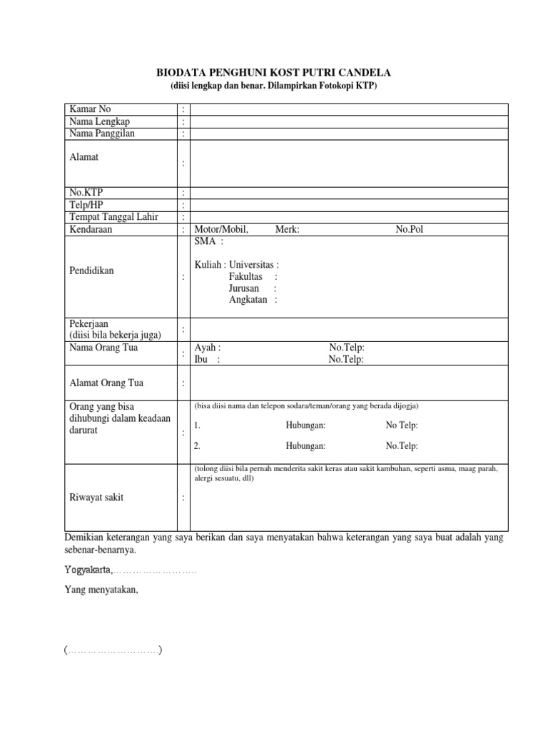 Biodata Penghuni Kost Putri Candela | PDF