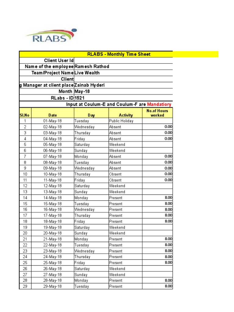 May 2018 RLABS Timesheet Summary | PDF | Workweek And Weekend | Working ...