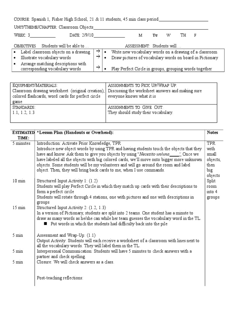 Classroom Objects Lesson Plan | PDF | Vocabulary | Lesson Plan