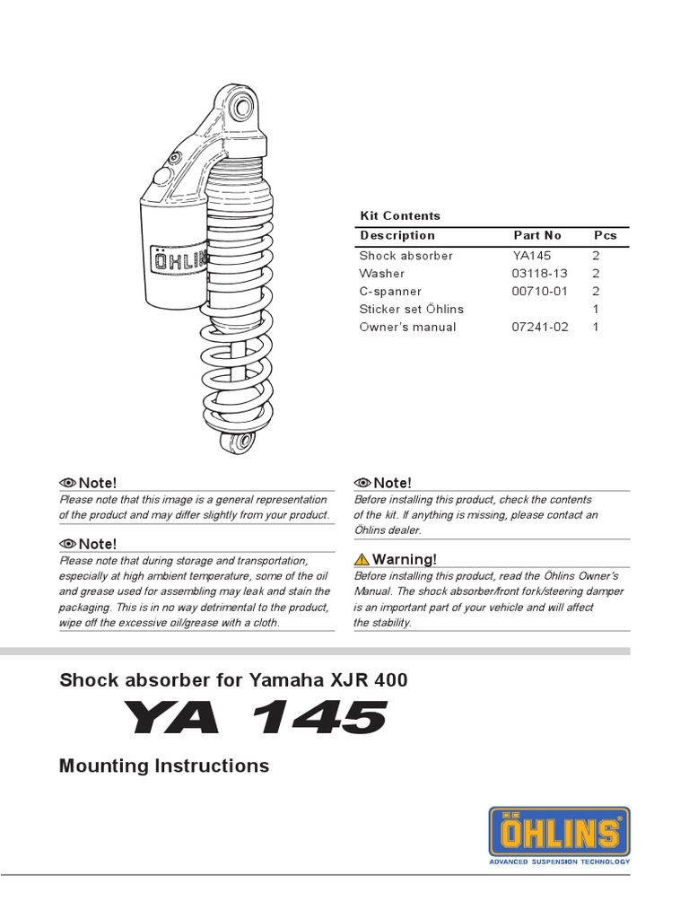 Ohlins YA 145 | PDF | Suspension (Vehicle) | Automobiles