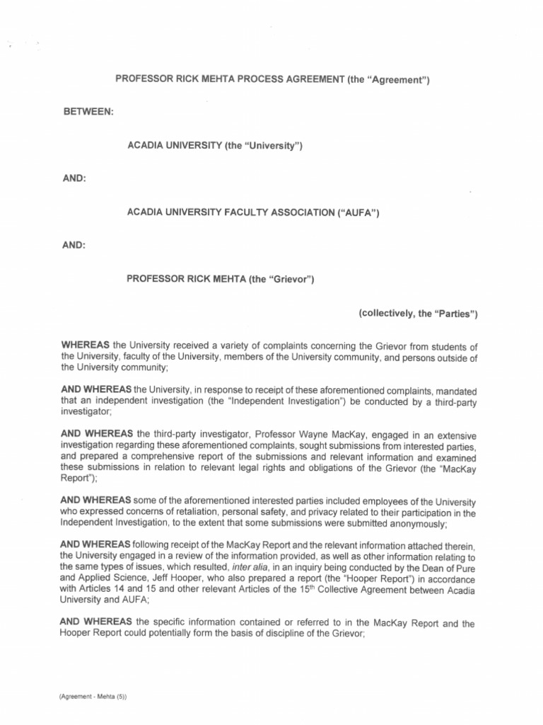 "Process Agreement" Between Acadia University and Rick Mehta | PDF