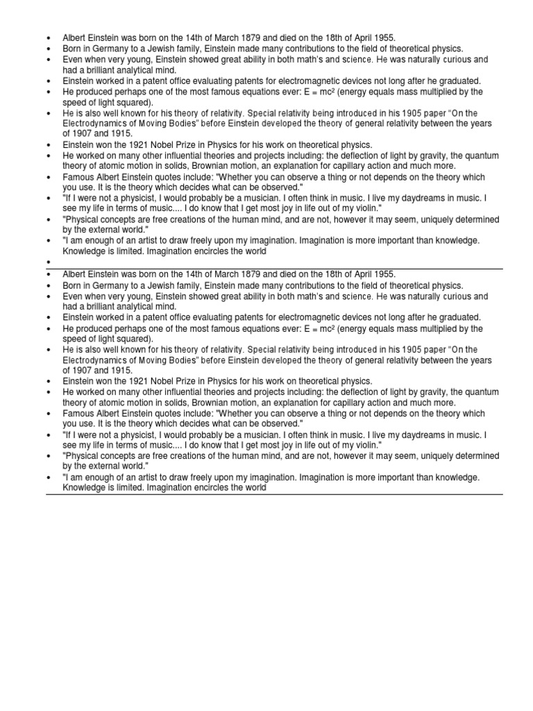 Albert Einstein Fact Sheet | PDF | Albert Einstein | General Relativity