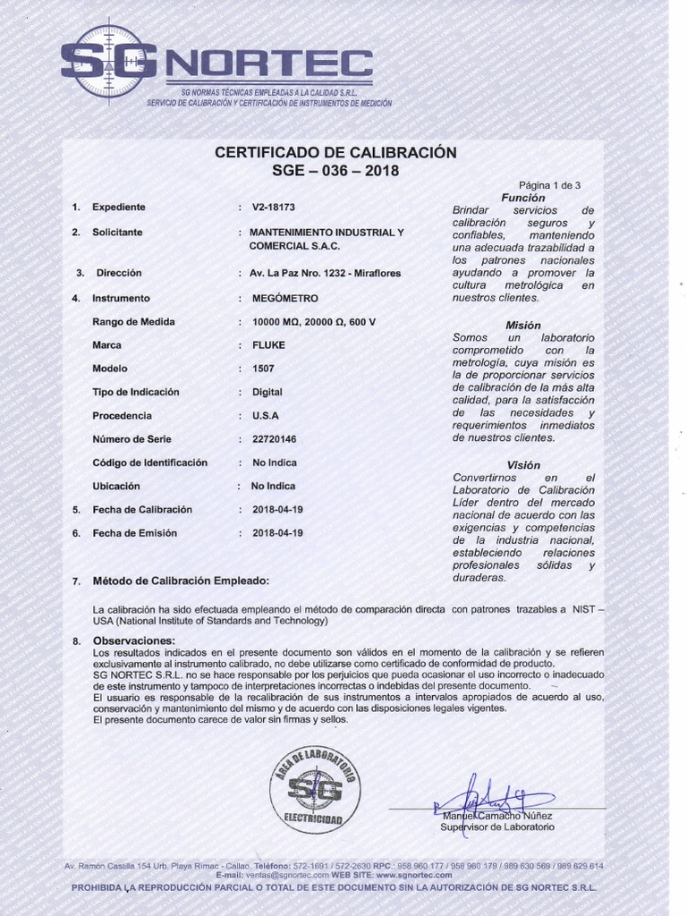Certificado de Calibracion - Megómetro (19!04!2018) | PDF | Calibración ...