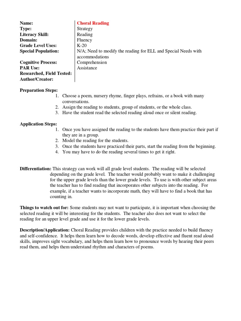 Choral Reading Method | PDF | Phonics | Reading Comprehension