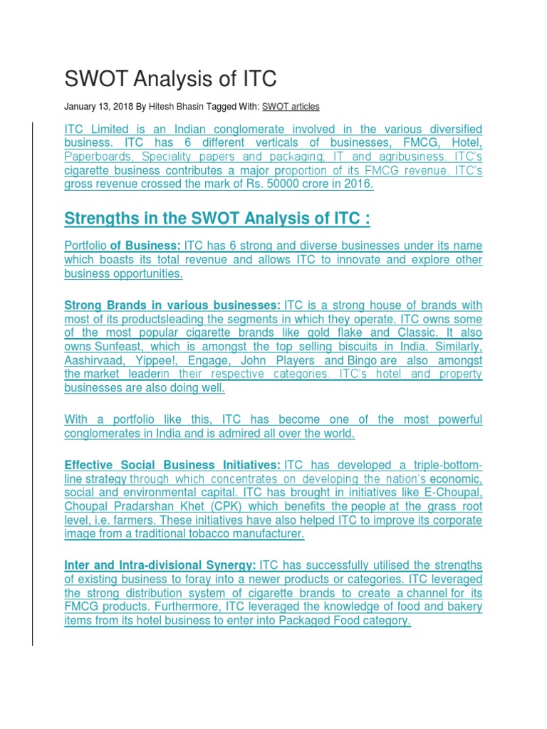 SWOT Analysis of ITC | PDF | Swot Analysis | Mergers And Acquisitions