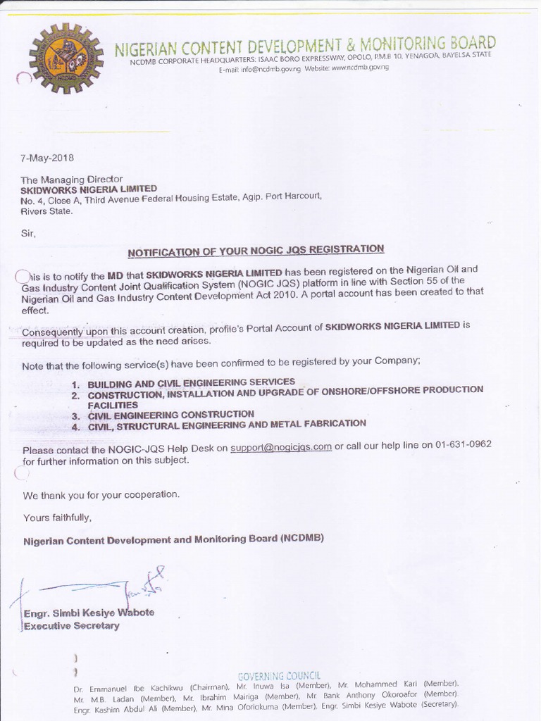 NCDMB (Nogic JQS & Ncec) Registration-Skidworks Nig LTD PDF | PDF