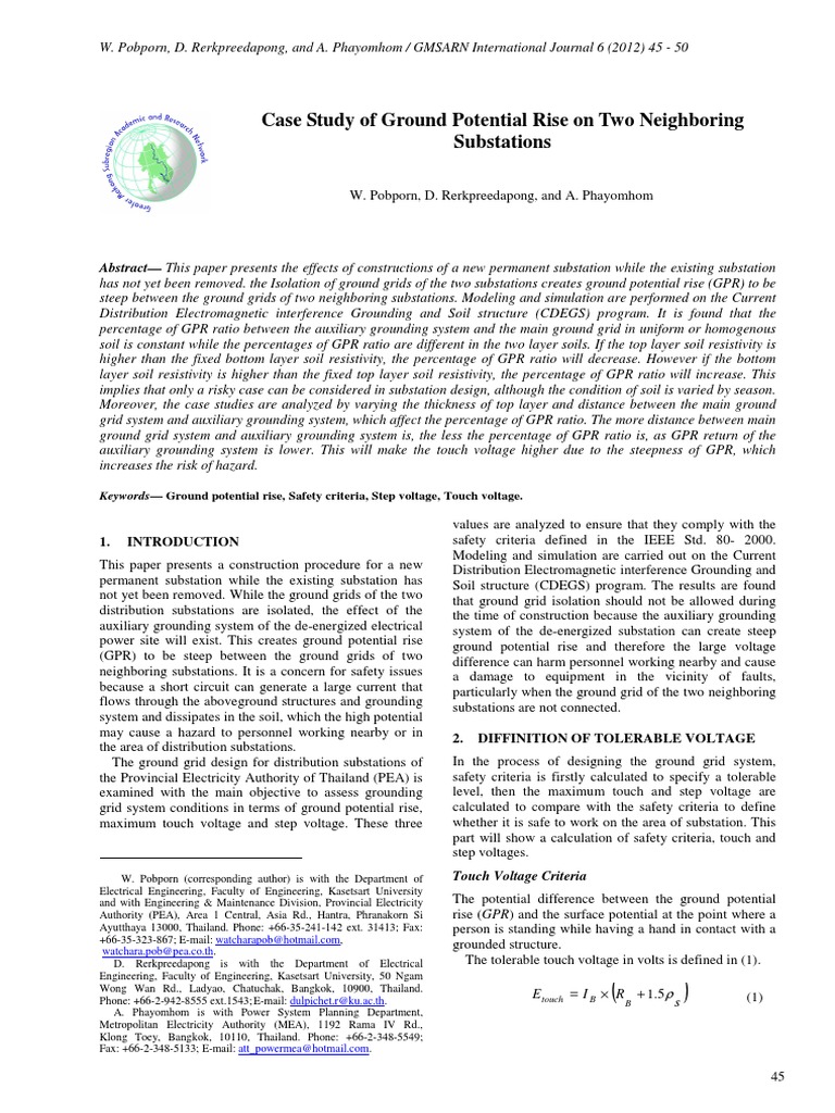 Case Study of Ground Potential Rise On Two Neighboring Substations ...