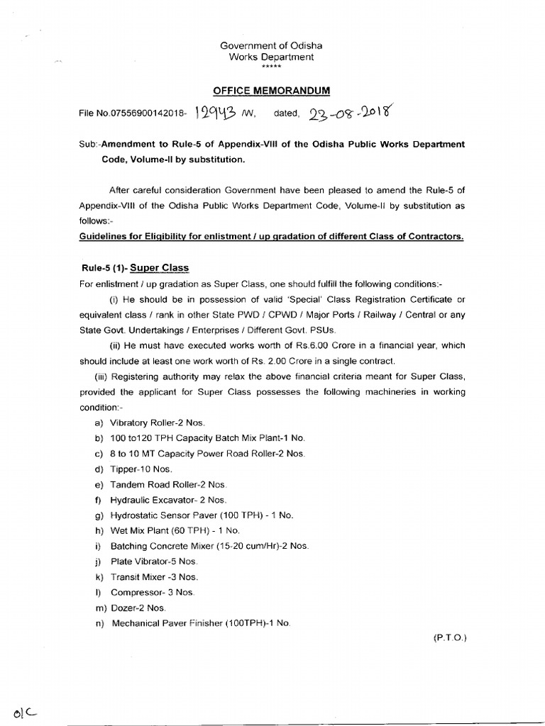 Odisha PWD Elgibility of Super Class and Special Class Contractors ...