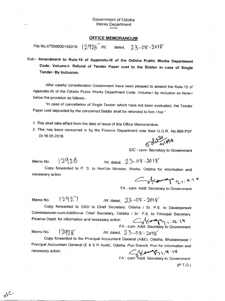 Odisha PWD Amendment To Refund of Tender Paper Cost To The Bidder in ...