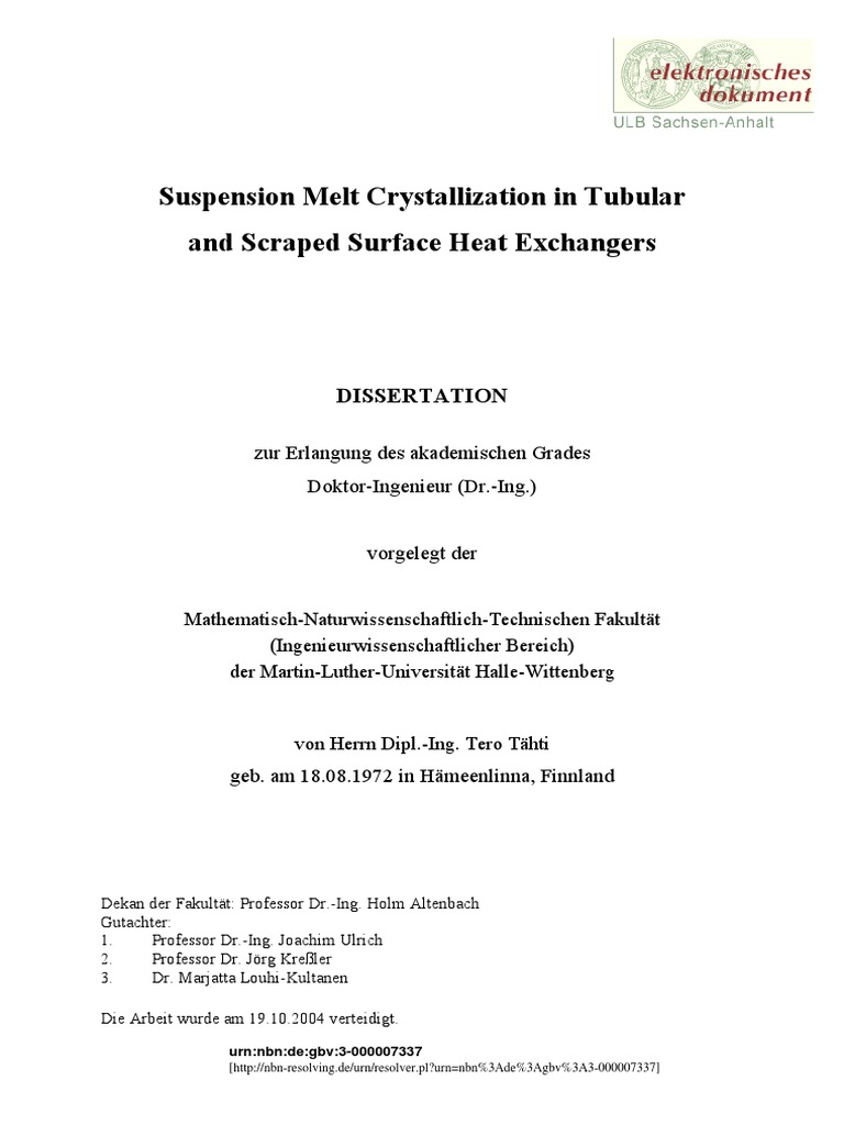Suspension Melt Crystallization in Tubular and Scraped Surface Heat ...
