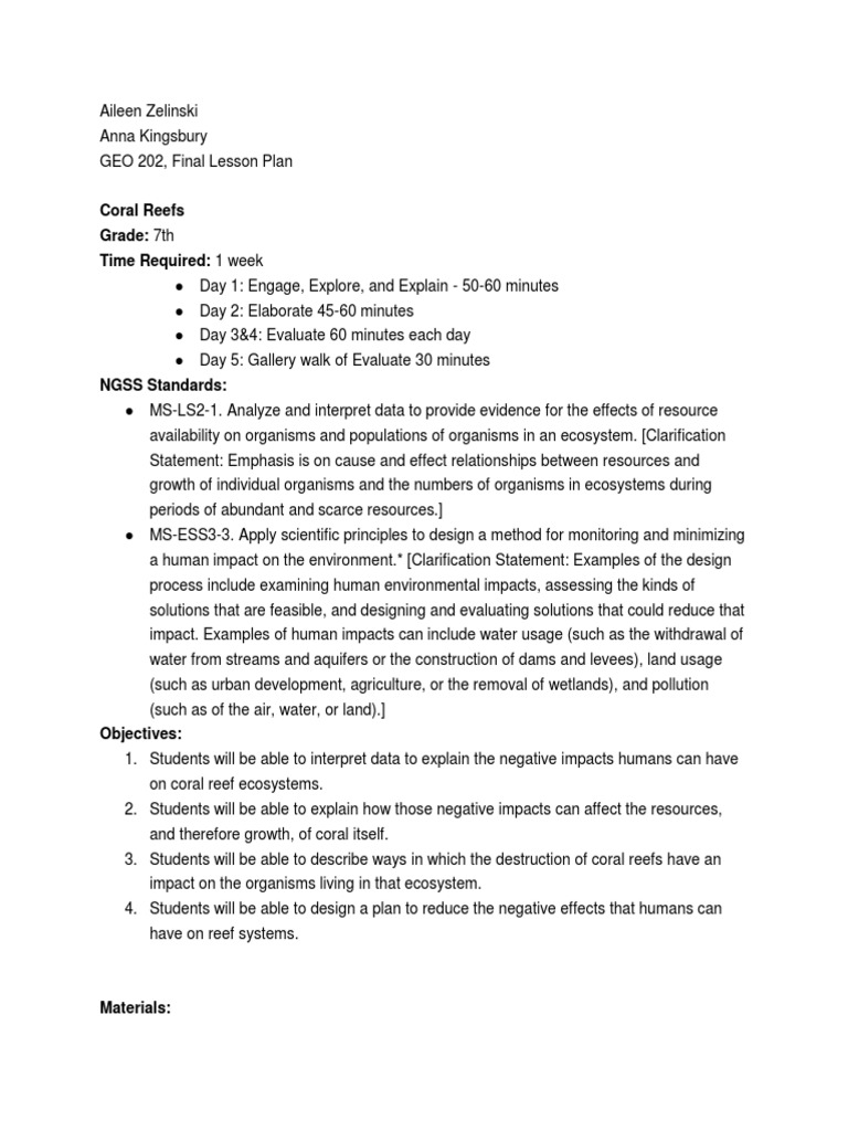 Coral Reefs Grade: 7th Time Required: 1 Week | PDF | Coral Reef | Coral