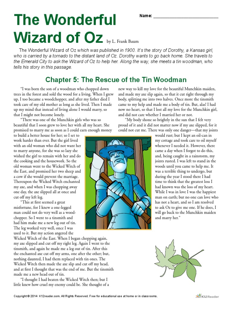 Wizard of Oz Reading Comprehension Set PDF | PDF | Tin Woodman | Land Of Oz