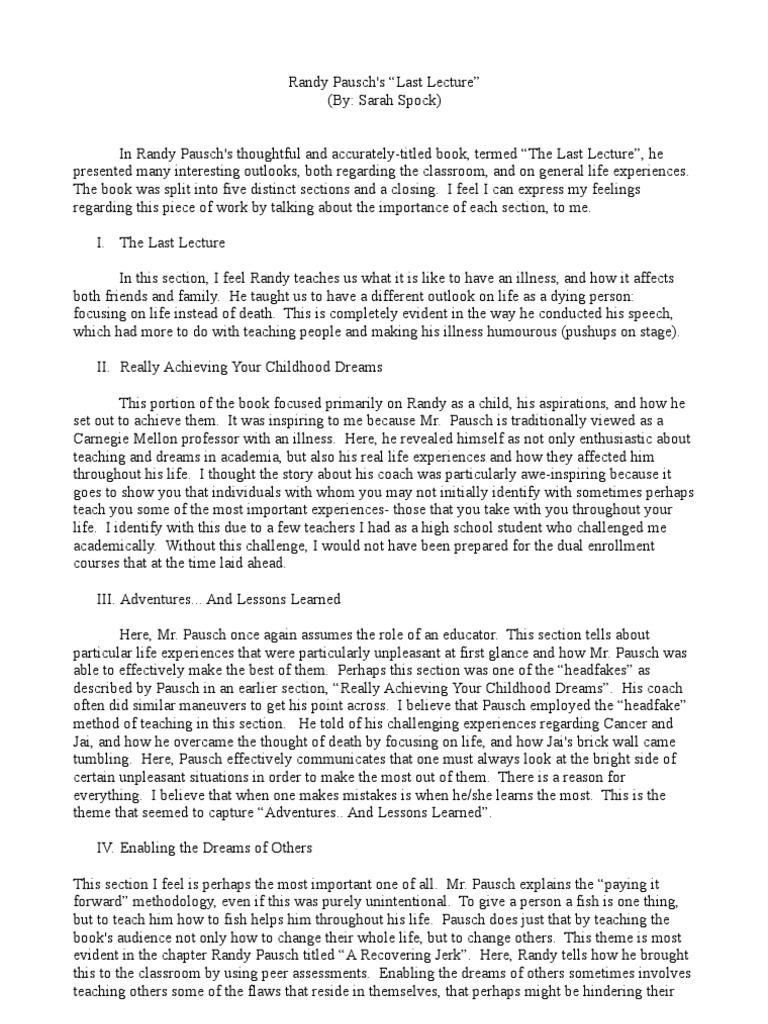 Randy Pausch - Last Lecture | PDF | Communication | Psychological Concepts