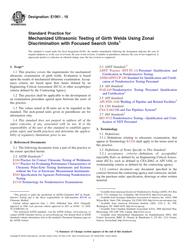 Astm E1961-16 | PDF | Nondestructive Testing | Pipe (Fluid Conveyance)