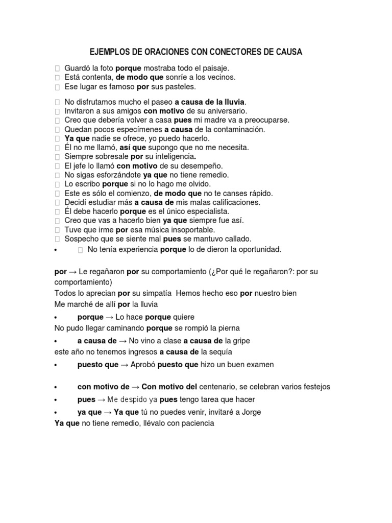 Ejemplos de Oraciones Con Conectores de Causa | PDF