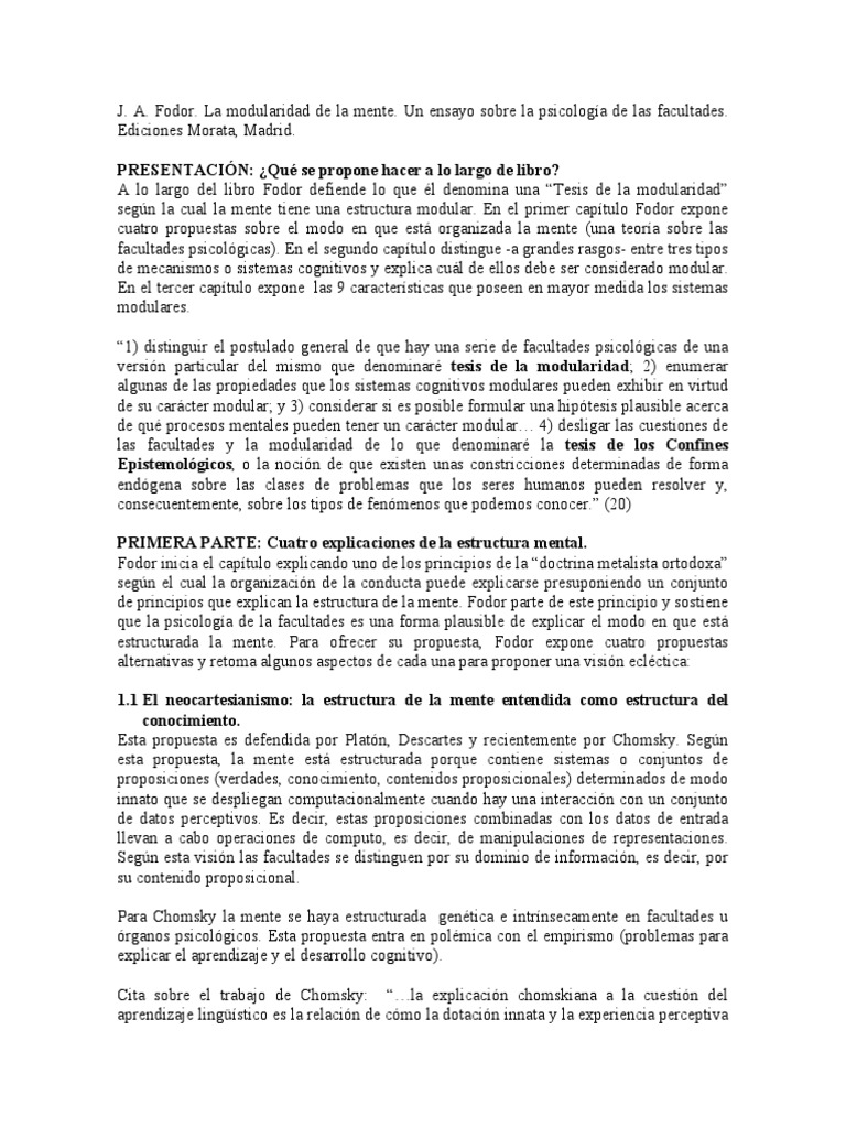 La modularidad de la mente según Fodor | PDF | Noam Chomsky | Mente