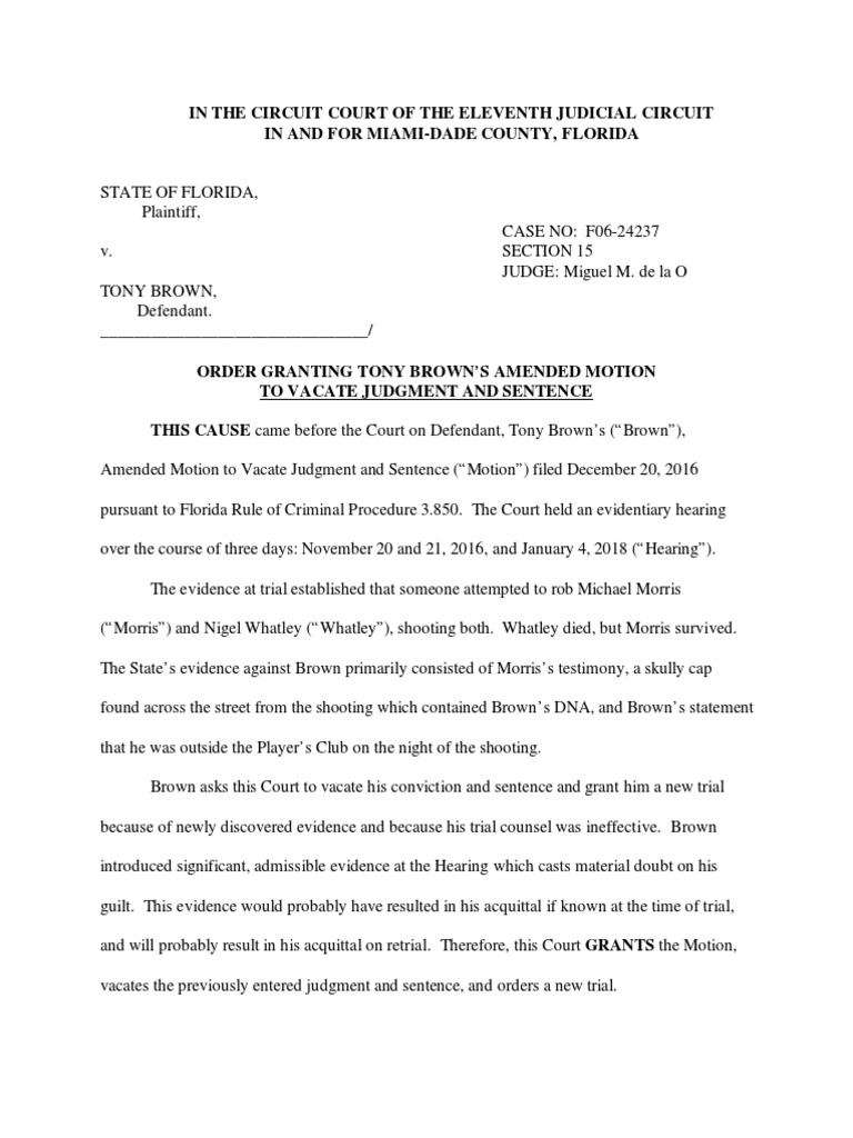Order Granting Motion To Vacate Judgment and Sentence - Tony Brown ...