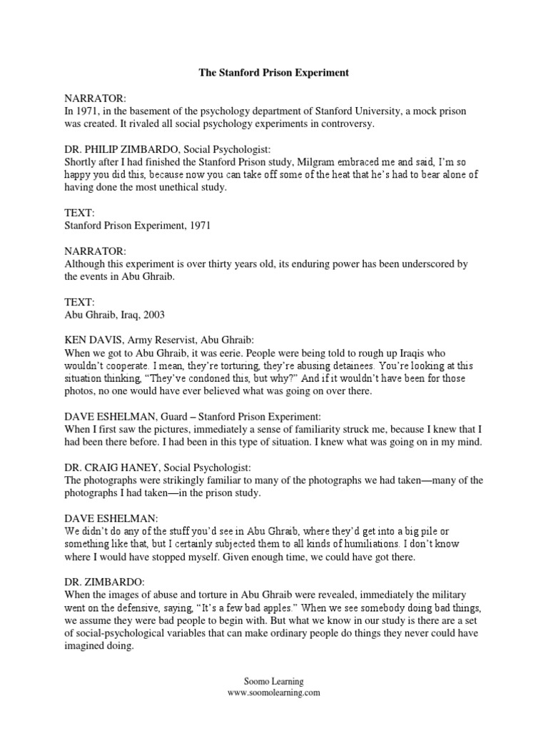 Stanford Prison Experiment Transcript Pdf Violence Prison