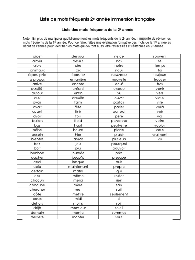 Liste de Mots Frequents-2e Année | PDF | Loisirs