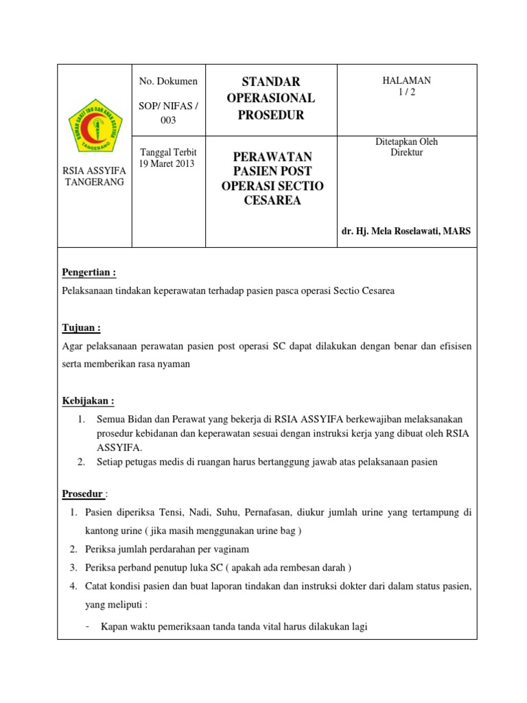 Sop Perawatan Pasien Post Operasi SC | PDF