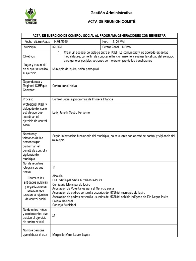 Acta Ejercicio Control Social | PDF | Bienestar | Medicina