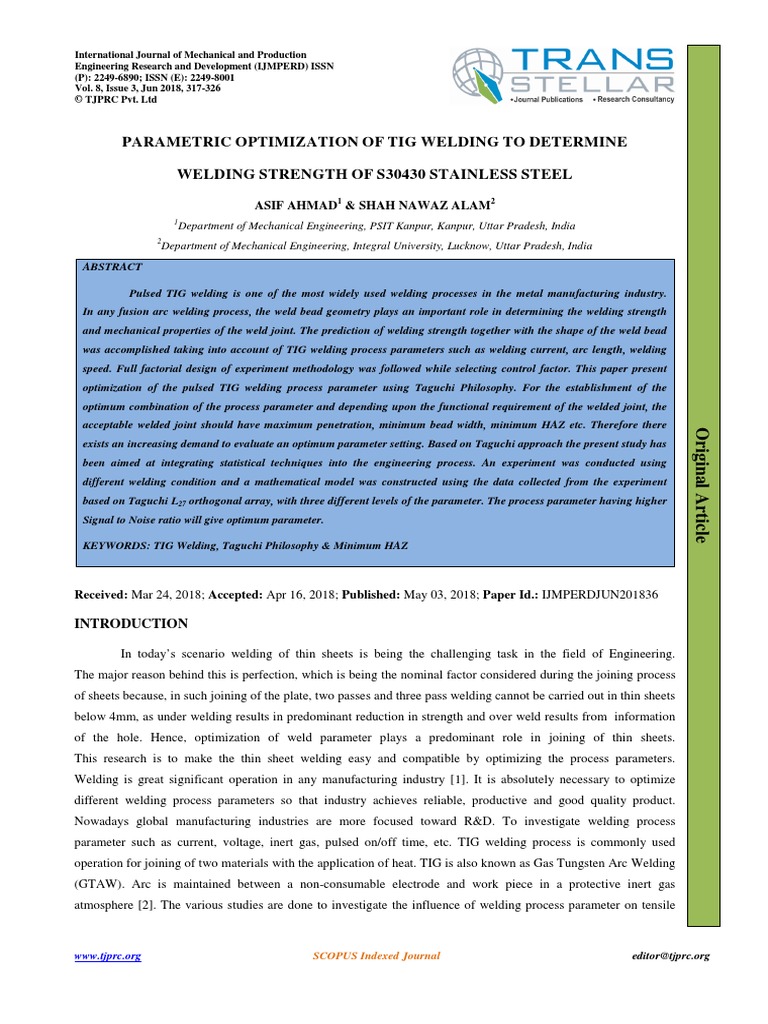 Parametric Optimization Of Tig Welding To Determine Welding Strength Of S30430 Stainless Steel