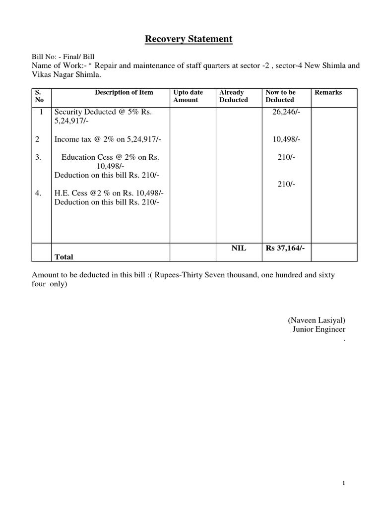 Recovery Statement: Bill No: - Final/ Bill | PDF | Tax Deduction ...