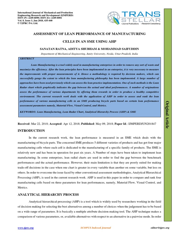 Assessment of Lean Performance of Manufacturing Cells in An Sme Using ...