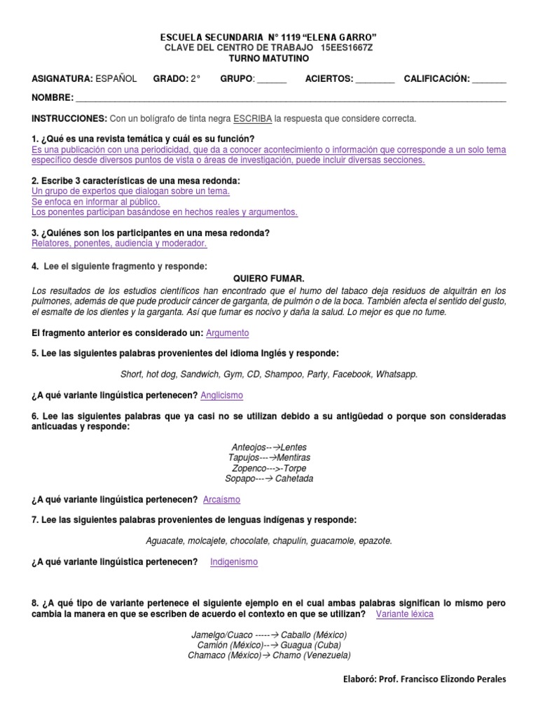 Examen de Segundo Grado Español Cadu Profesor Francisco | Comillas ...