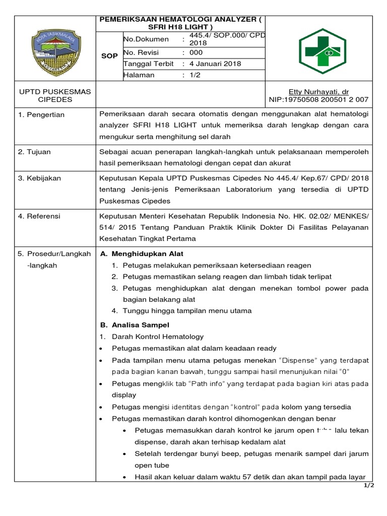 01 Sop Pemeriksaan Hematology Analyzer | PDF