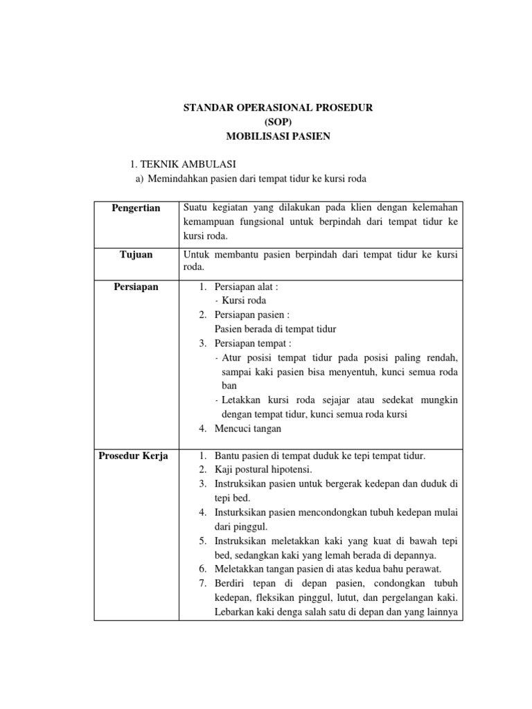 SOP Mobilisasi Pasien dan Teknik Ambulasinya | PDF