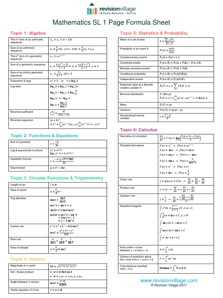 SL Maths 1 Page Formula Sheet | PDF | Sine | Trigonometric Functions
