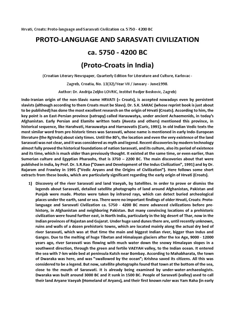 PROTO-LANGUAGE AND SARASVATI CIVILIZATION Ca. 5750 - 4200 BC (Proto ...