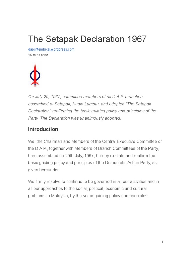 DAP The Setapak Declaration 1967 | PDF | Malaysia | Singapore