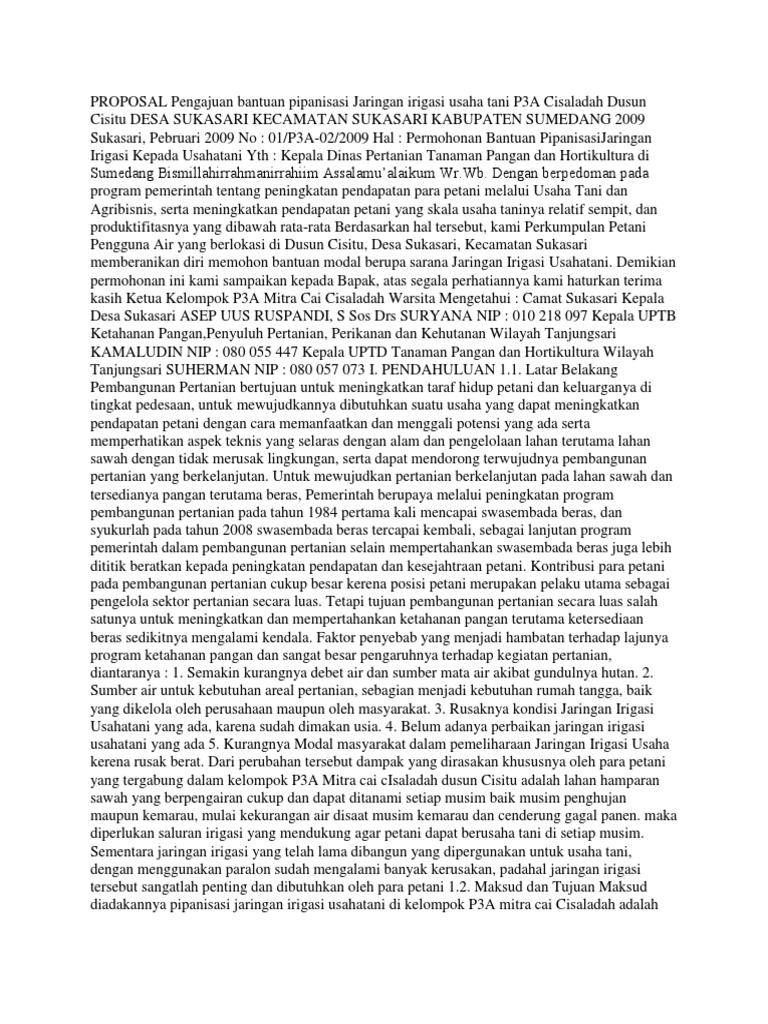 PROPOSAL Pengajuan Bantuan Pipanisasi Jaringan Irigasi Usaha Tani P3A Cisaladah Dusun Cisitu ...