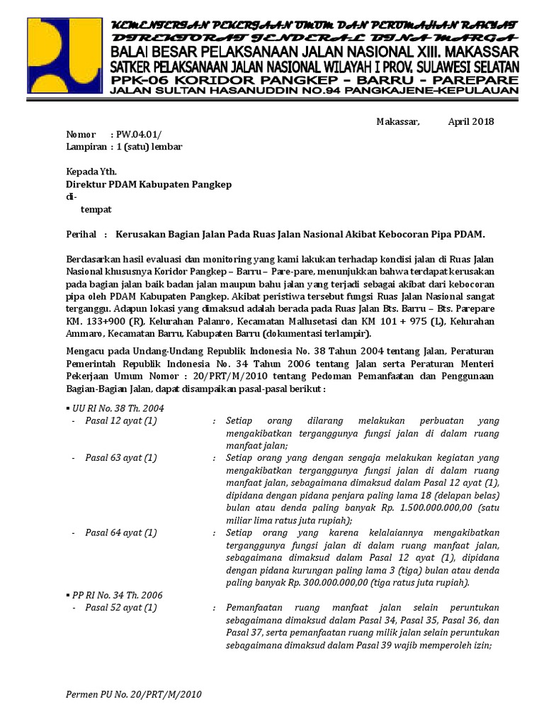 Surat Teguran Pipa PDAM Pangkep | PDF