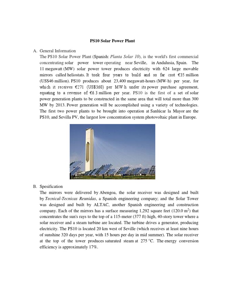 A. General Information The PS10 Solar Power Plant (: Planta Solar 10 ...