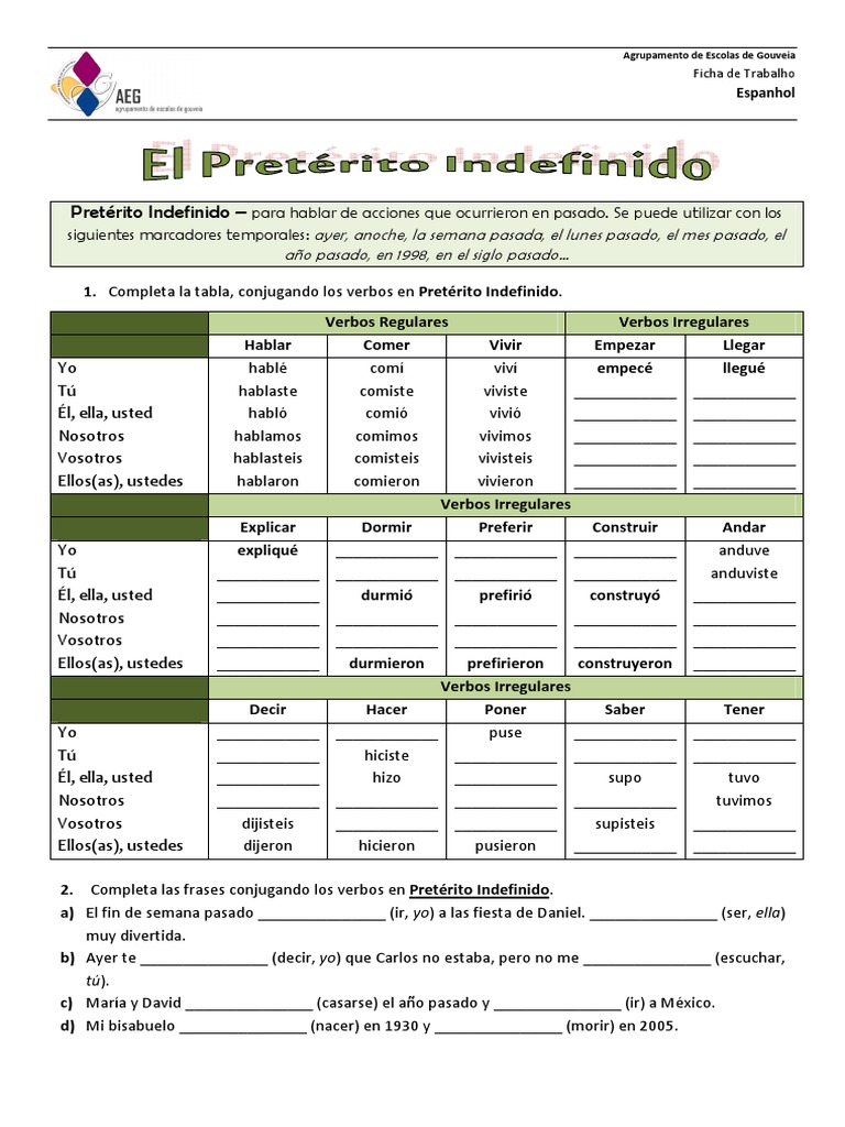 Conjugación del Pretérito Indefinido | PDF | Ocio | Entretenimiento ...