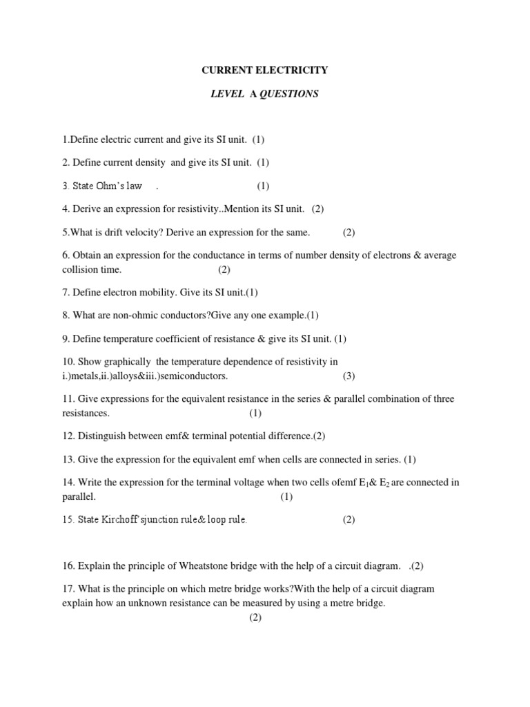 Electric Current Level A Questions | PDF | Electrical Resistance And ...