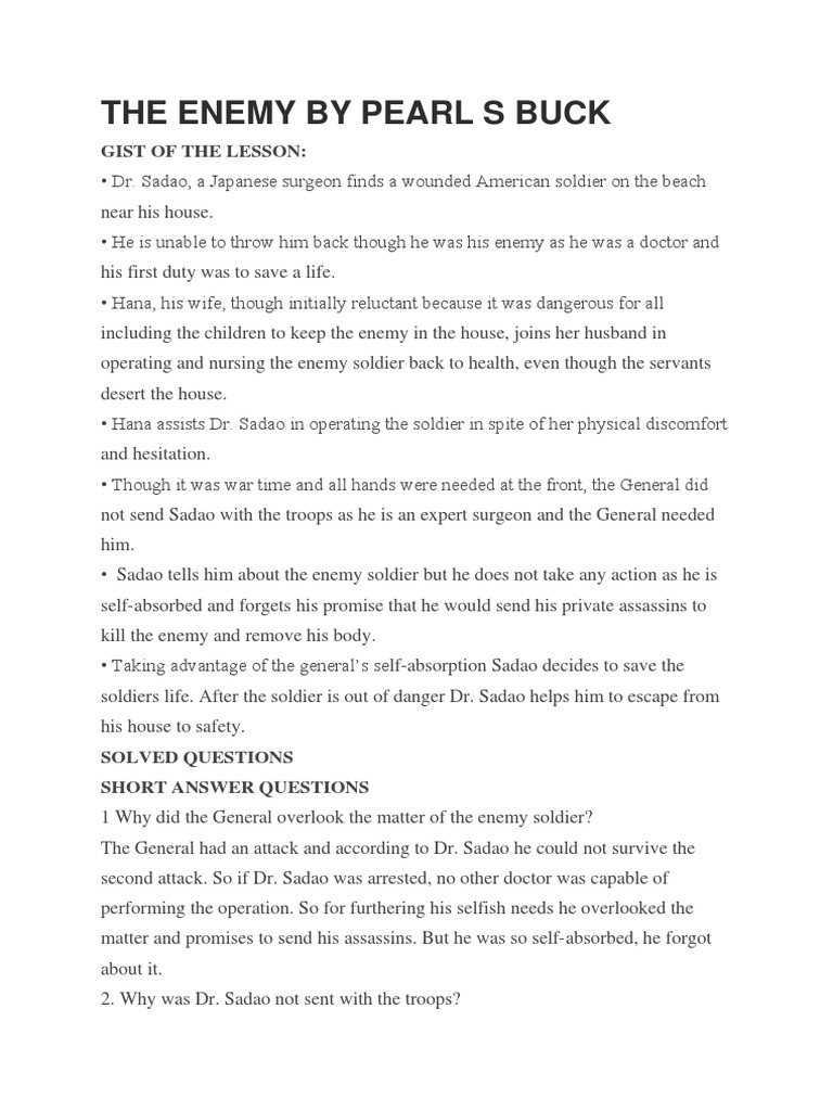 The Enemy by Pearl S Buck: Gist of The Lesson | PDF | Violence | Armed ...
