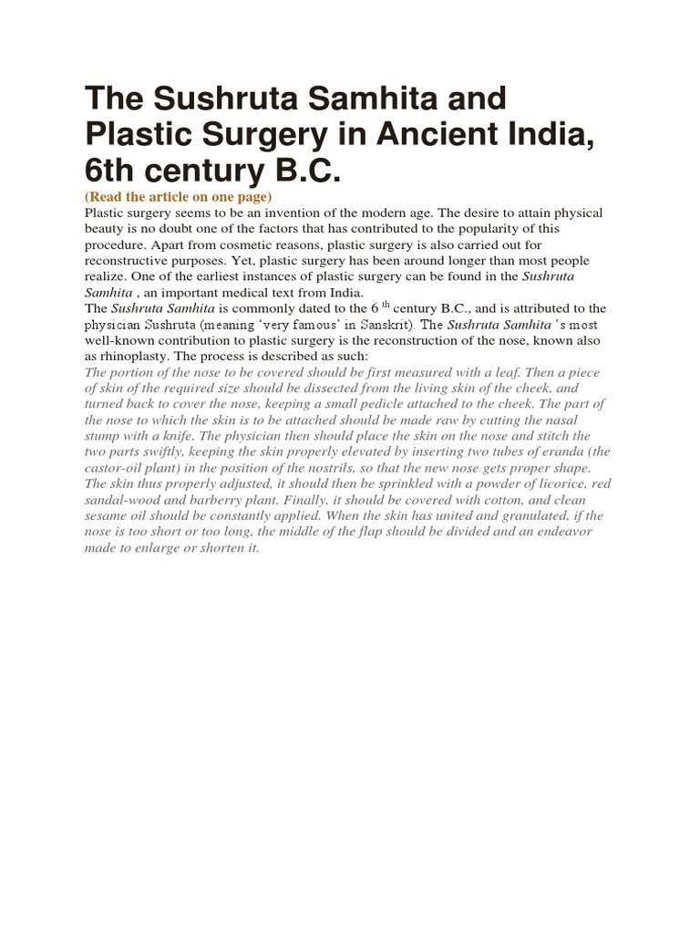 The Sushruta Samhita and Plastic Surgery in Ancient India, 6th Century ...