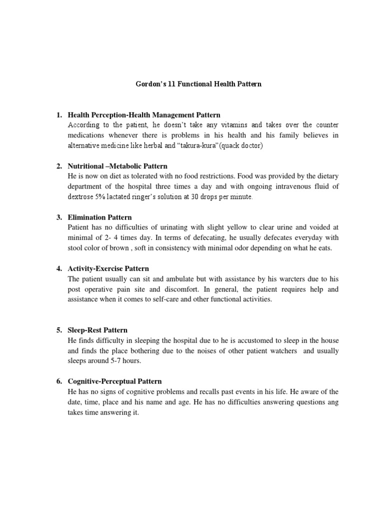 Gordon's 11 Functional Health Pattern | PDF | Medical Specialties ...